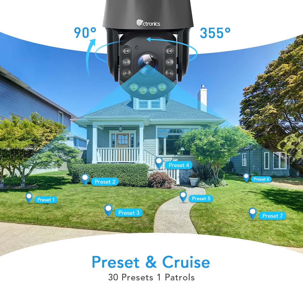 Ctronics 5MP 30X Optical Zoom Security Camera Outdoor, PTZ WiFi IP Camera with Red & Blue Warning Lights, Auto Cruise & Zoom, Human Detection Auto Tracking 492ft Night Vision 2-Way Audio IP66 (Black)