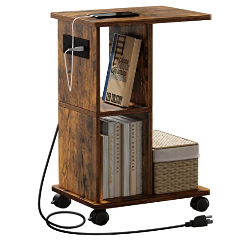HILINSIE C Shaped End Table with Charging Station - Narrow Side Table with USB Ports and Outlets for Small Spaces, 3-Tier Storage Shelves Nightstand, 11.9 x 15.8 x 21.7 Inches, Rustic Brown