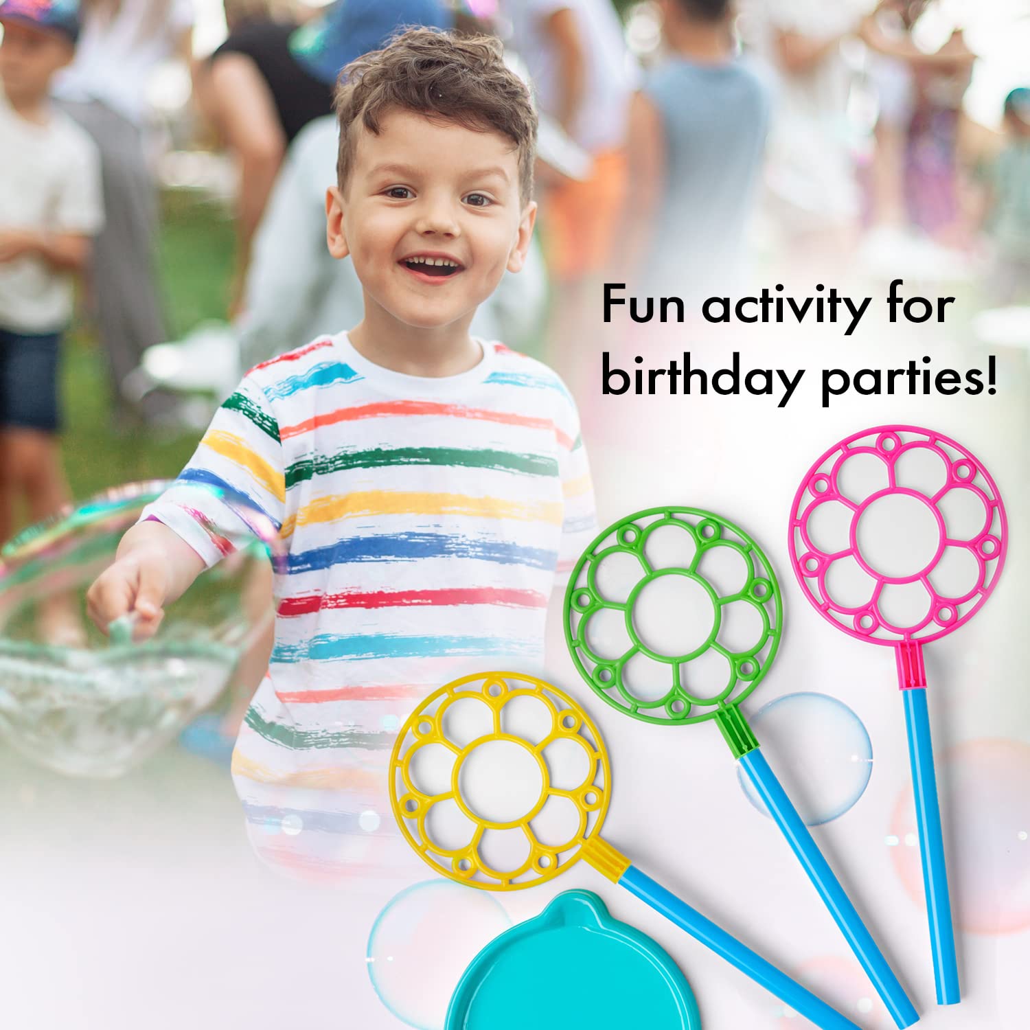 Bubble Wand Kit for Kids - Set of 3 Large Bubble Makers with Tray and Refill Solution - Outdoor Activities and Summer Toys for Blowing Bubbles