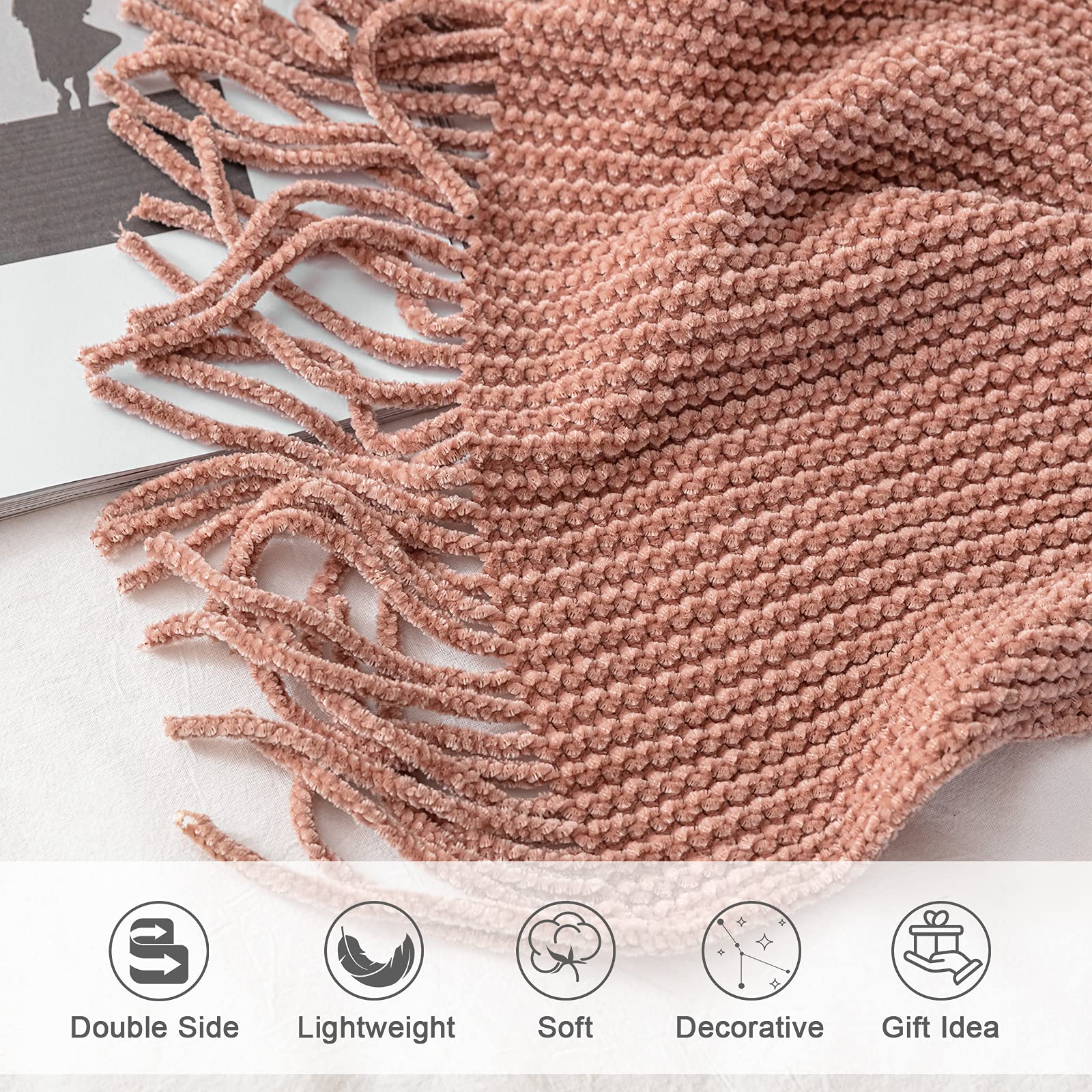 lifein Fall Pink Throw Blanket for Couch-Soft Boho Bed Throw Blankets,Cozy Chenille Knitted Throw,Small Farmhouse Lightweight Blanket&Throw for Autumn,Woman,Girl,Chair,Sofa,Home Decor(Pink,50 * 60")