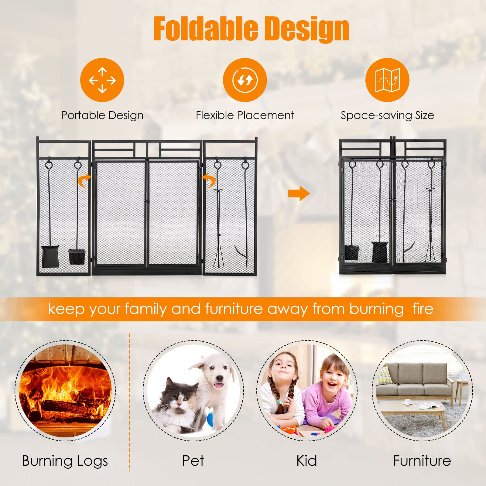 Tangkula 3-Panel Folding Fireplace Screen with Magnetic Hinged Doors, Fire Spark Guard with Fireplace Tools Set, Wrought Iron Decorative Mesh Cover with Wood Burning Stove Accessories, Black