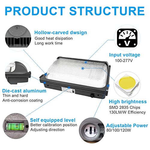 LED Wall Pack Light with Dusk-to-Dawn Photocell,120W/100W/80W Selectable, 0-10V Dimmable 15600LM 5000K Daylight Outdoor Wall Light,Replace 450W MH/HPS, IP65 120-277V AC for Parking Lot DLC & UL Listed