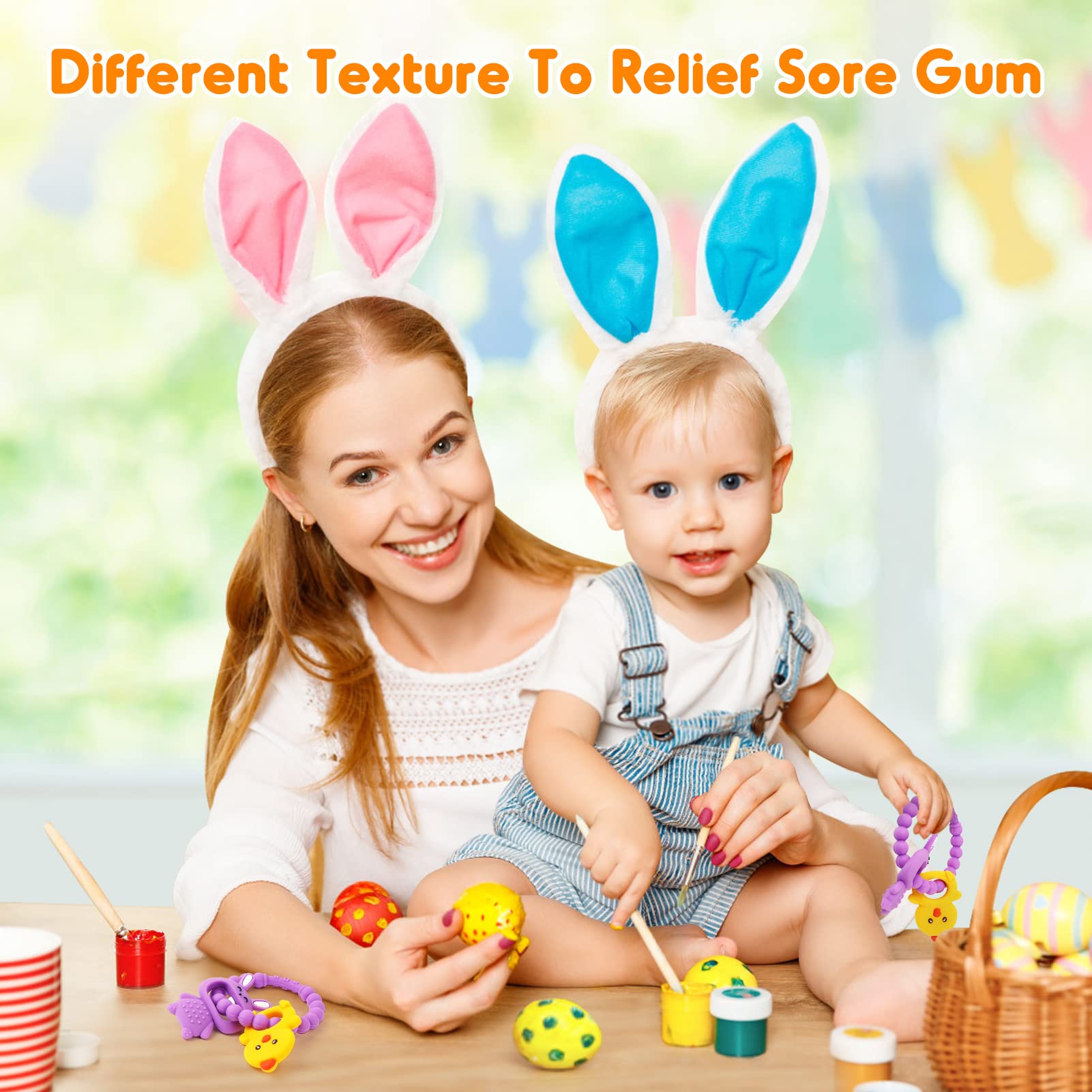 Easter Teething Toys Teethers for Babies 0-6 Months Baby Easter Teether Silicone Chew Toys Easter Basket Stuffers for Baby 6-12 Months Infant Teething Toys Easter Gifts Boys Grils Purple Bunny Chicken