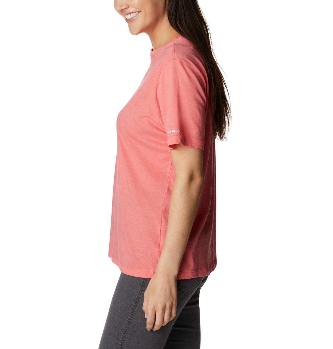 Columbia Women's Bluebird Day Relaxed Crew Neck, Salmon Heather/Outlined Brand, X-Large