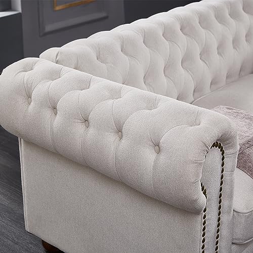 ERYE Clasic Chesterfield 3 Seaters Sofa Couch W/Luxury Roller Armrest Soild Wood Legs Linen Fabric Upholstered Button Tufted Sofa&Couch with Removable Cushions & Nailhead Decor