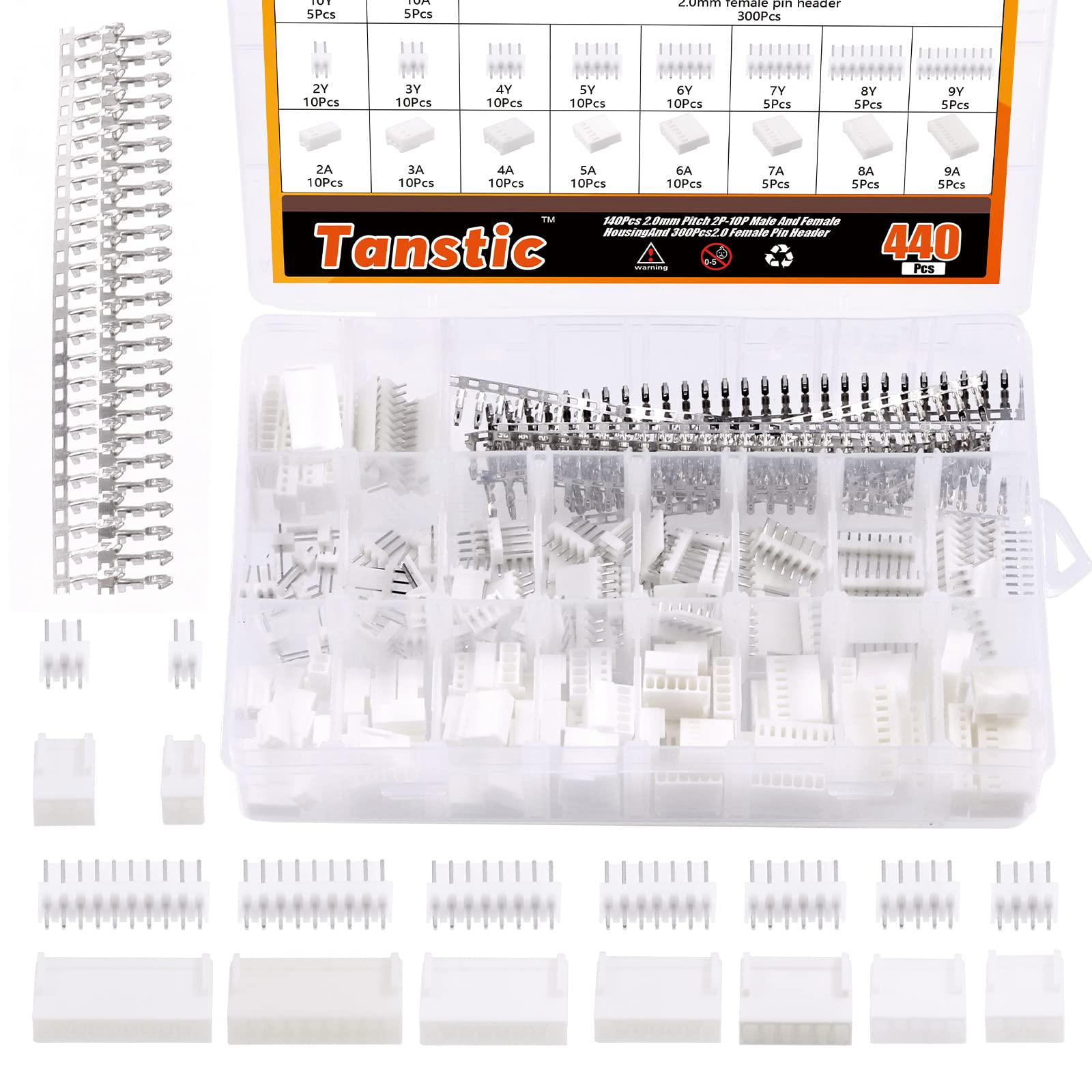 Tanstic 440Pcs 2.54mm KF2510 Connector Kit Including 140Pcs 2.0mm Pitch 2/3/4/5/6/7/8/9/10 Pin Female and Male Housing Connector Adapter Plug and 300Pcs 2.0mm Pin Headers Terminals