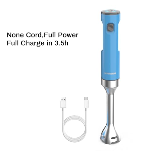 Cordless Hand Blender, OUTRONSM Immersion Blender Rechargeable, with Charging Cable, 500ml Chopper, 600ml container, Egg Whisk, for Smoothies, Milkshakes, Baby Food and Soups β Blue