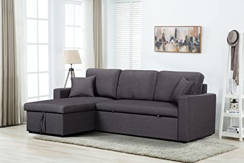 ERYE L-Shaped Reversible Corner Convertible Sleeper Sectional Sofa with Pull Out Sleeper Couch Bed,Storage Chaise and 2 Pillows for Home Apartment Office Living Room, Dark Gray Linen Sofa&Couch