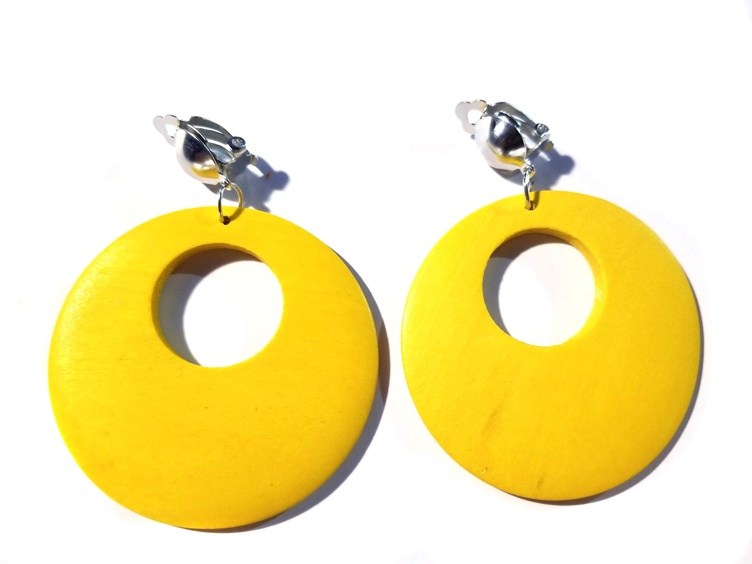 Clip-on Earrings Bohemian Wood Assorted Colors 2.5 inch Hoop Circle Hoop Silver Clip (Yellow)