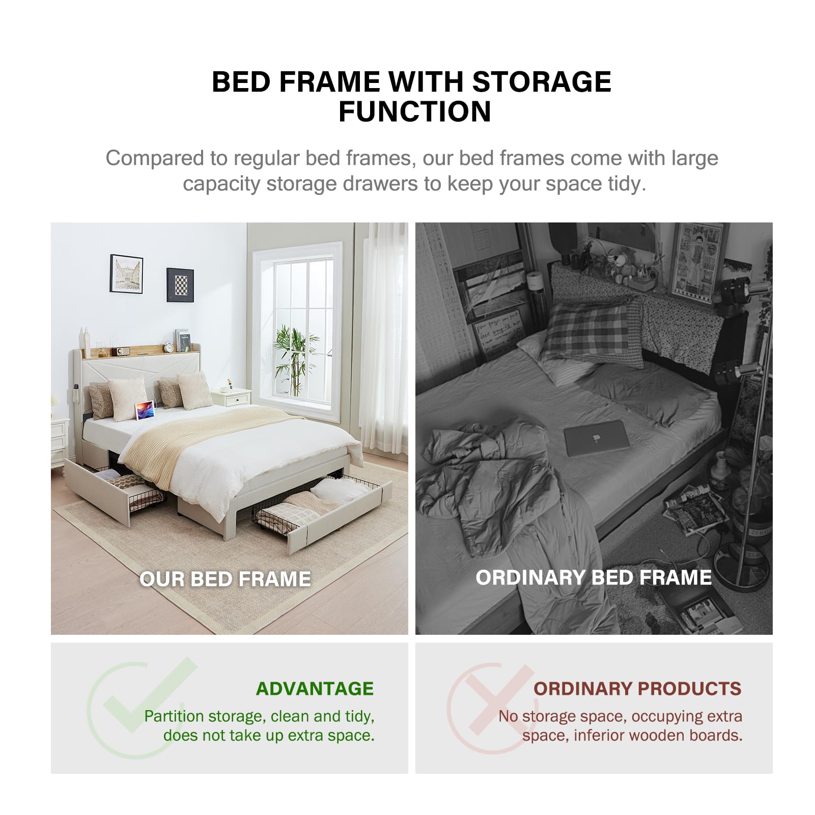 Hixkol Queen Bed Frame with Storage, Bed Frame with Drawers, AC USB & Type C Charge Station,Easy Assembly, Beige