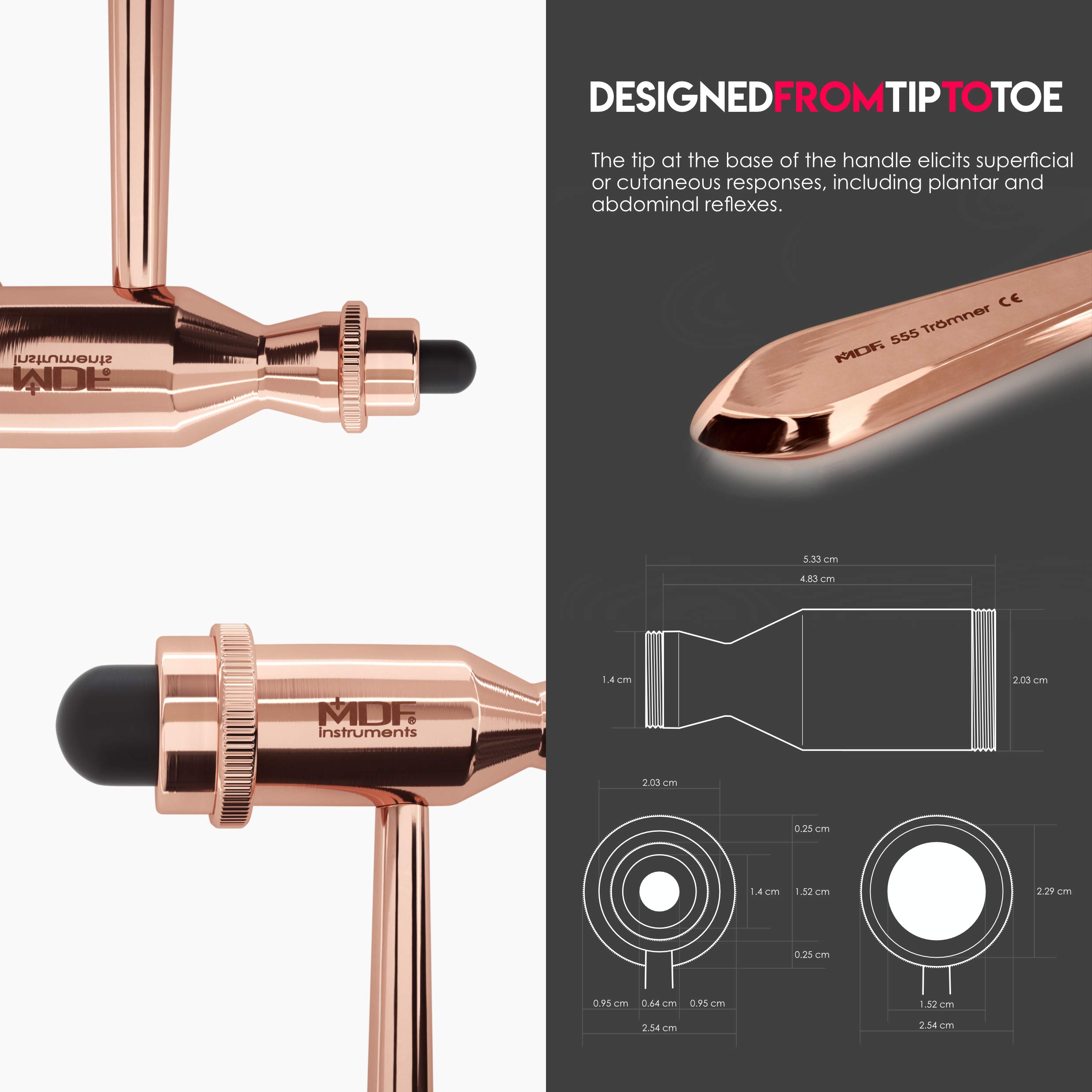 MDF Instruments, Rose Gold Tromner Neurological Reflex Hammer with Pointed Tip Handle for Cutaneous and Superficial Responses - Free-Parts-for-Life (MDF555) (Rose Gold/Black)