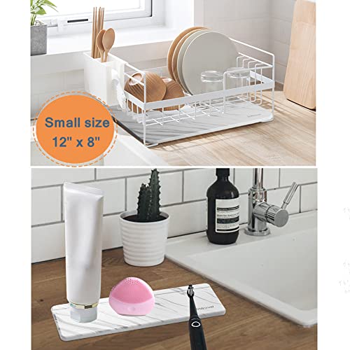 Dish Drying Mats for Kitchen Counter, Diatomaceous Earth Mat, 12”x8” & 9”x3” Small Size Hard White Water-Absorbent Heat-Resistant Non-Slip Diatomite Mat, Draining Mat for Drying Rack (Marble)