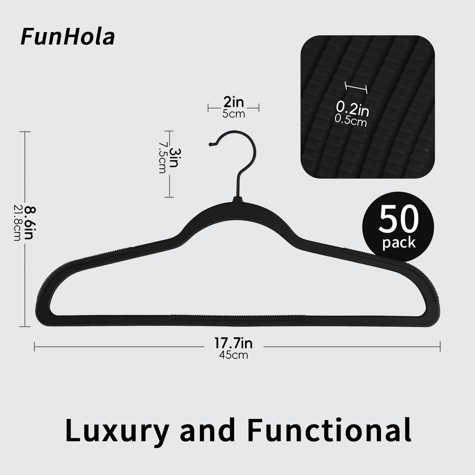 FunHola One-Color Look Plastic Hangers Non Slip, 50 Pack, Luxury Coat Hangers, Space Saving up to 40%, Black Plastic with Black 360° Swivel Hook