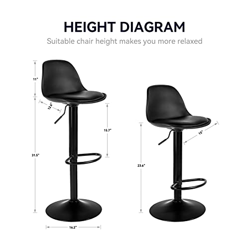 Miereirl Bar Stools Set of 2 Morden Height Counter Bar Stools with Polypropylene Back and Leather Seat,Swivel Adjustable Stool Chair for Home Kitchen Island-Black
