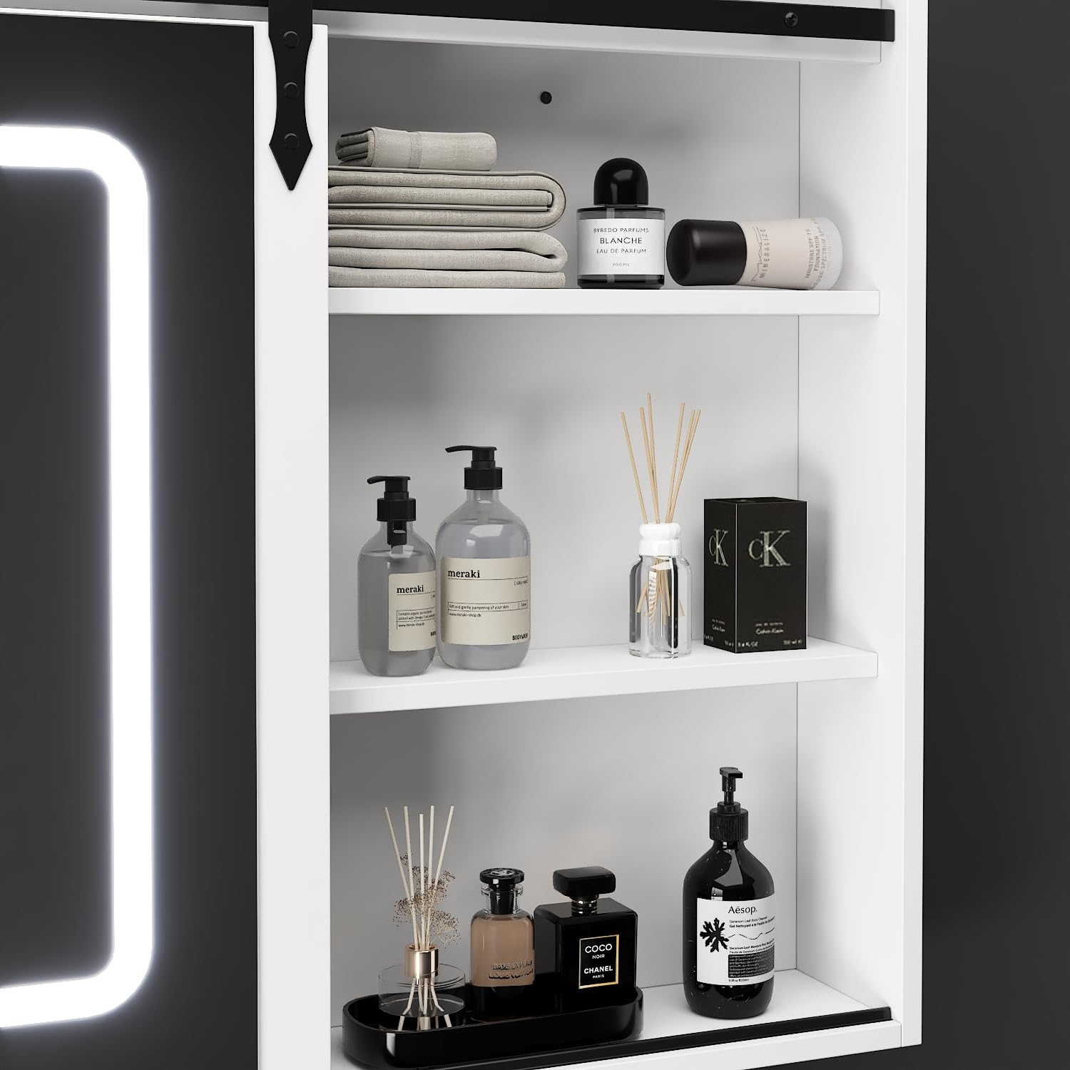 FUNISIR Mirror Medicine Cabinet Wall Mounted, 35.4" x 27.6" Bathroom Lighted Mirror Medicine Cabinet with Farmhouse Sliding Barn Door, Makeup Vanity Mirror with Defogger, Dimmer, Storage