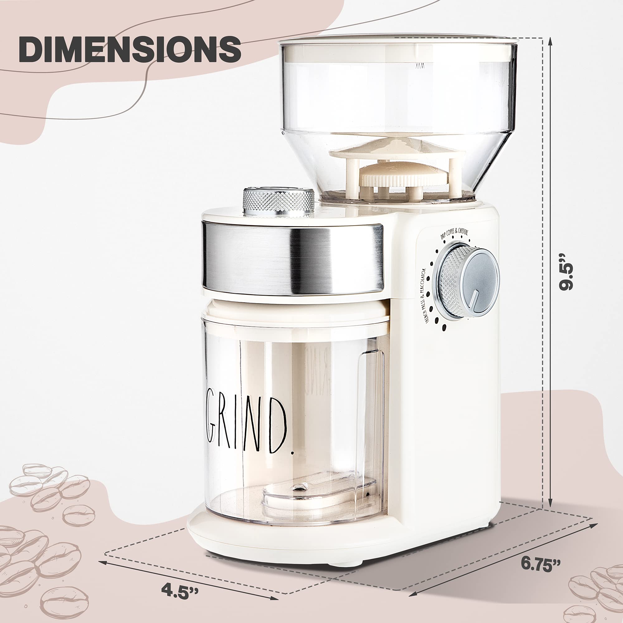 Coffee Grinder, Electric Burr Coffee Grinder, Grinder for Coffee, French Press, Espresso, and Drip Coffee 18 Grinding Settings, Electric Coffee Grinder Labeled "GRIND" in Cream by Rae Dunn