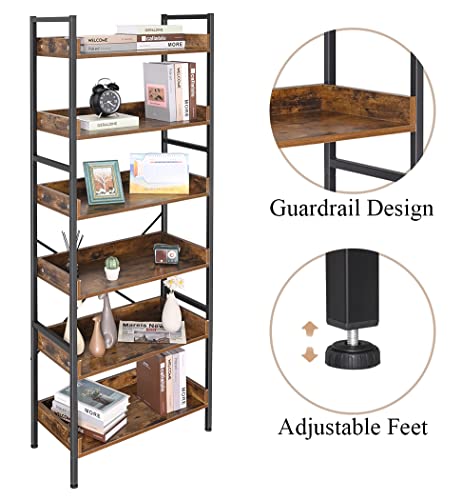 RokiaTek Bookshelf Bookcase 6-Tier Storage Rack with Open Shelves, Vintage Standing Bookshelves Metal Frame Industrial Display Rack for Living Room Bedroom, Rustic Brown and Matte Black