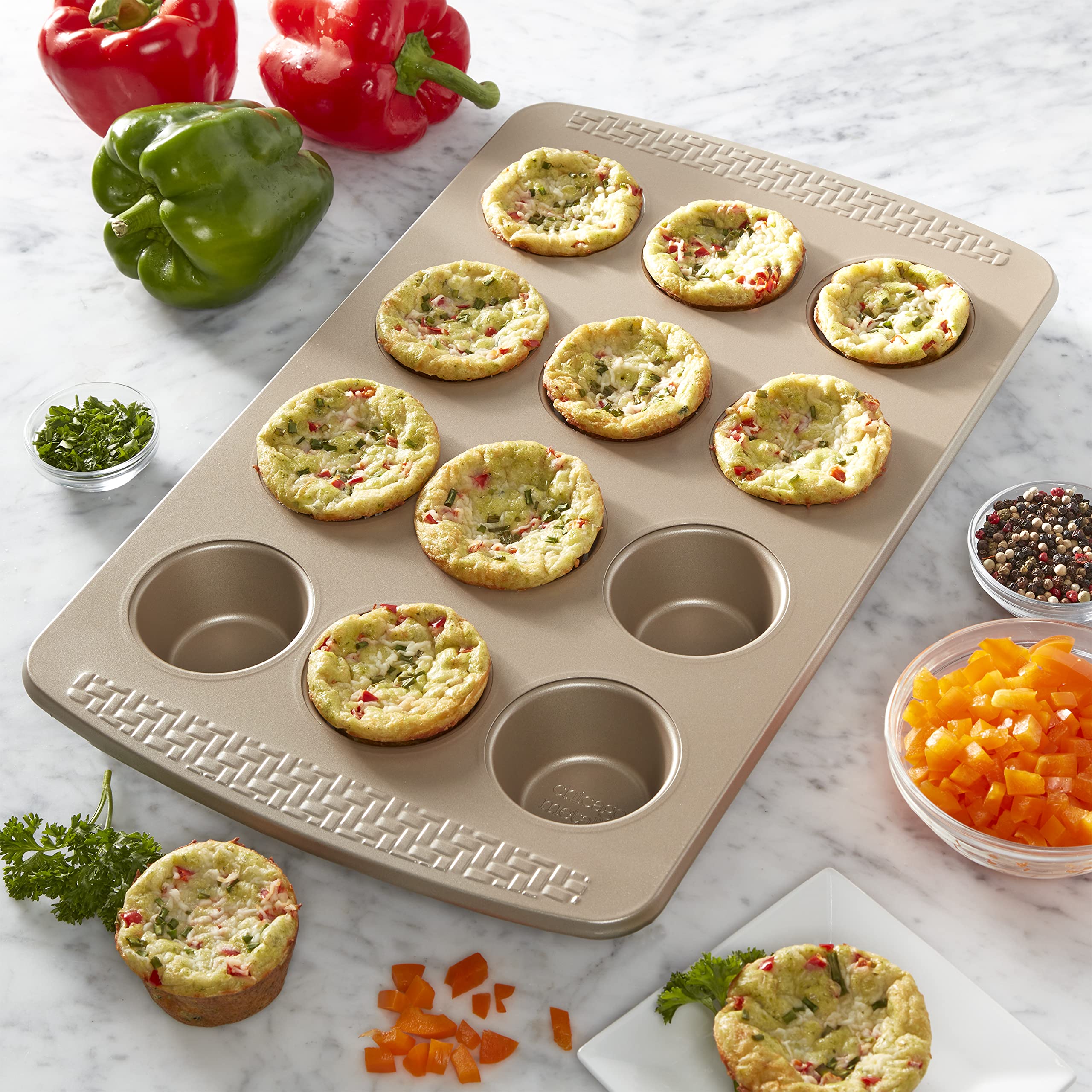 Chicago Metallic Everyday Non-Stick 12 Cup Muffin and Cupcake Pan. Perfect for creating evenly sized muffins, cupcakes, egg cups, and more