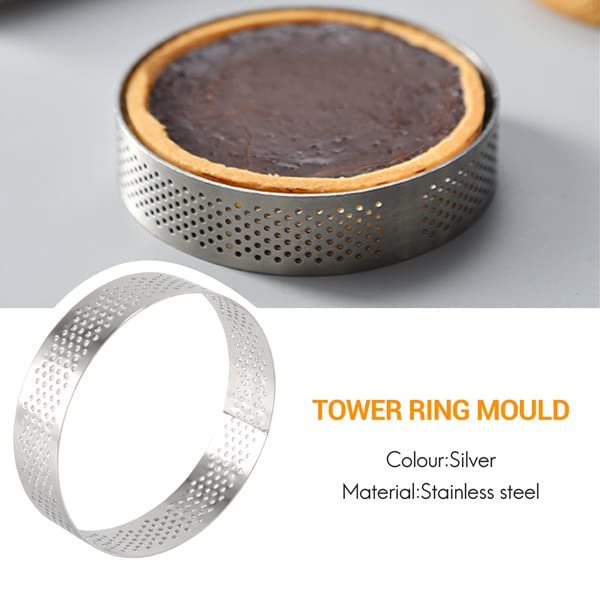 Exogio 10Pcs Circular Tart Ring 8 cm, Stainless Steel Porous Tart Bottom Ring, Heat-Resistant Perforated Pie Cake Mousse Mould Baking for Kitchen, Dessert Making