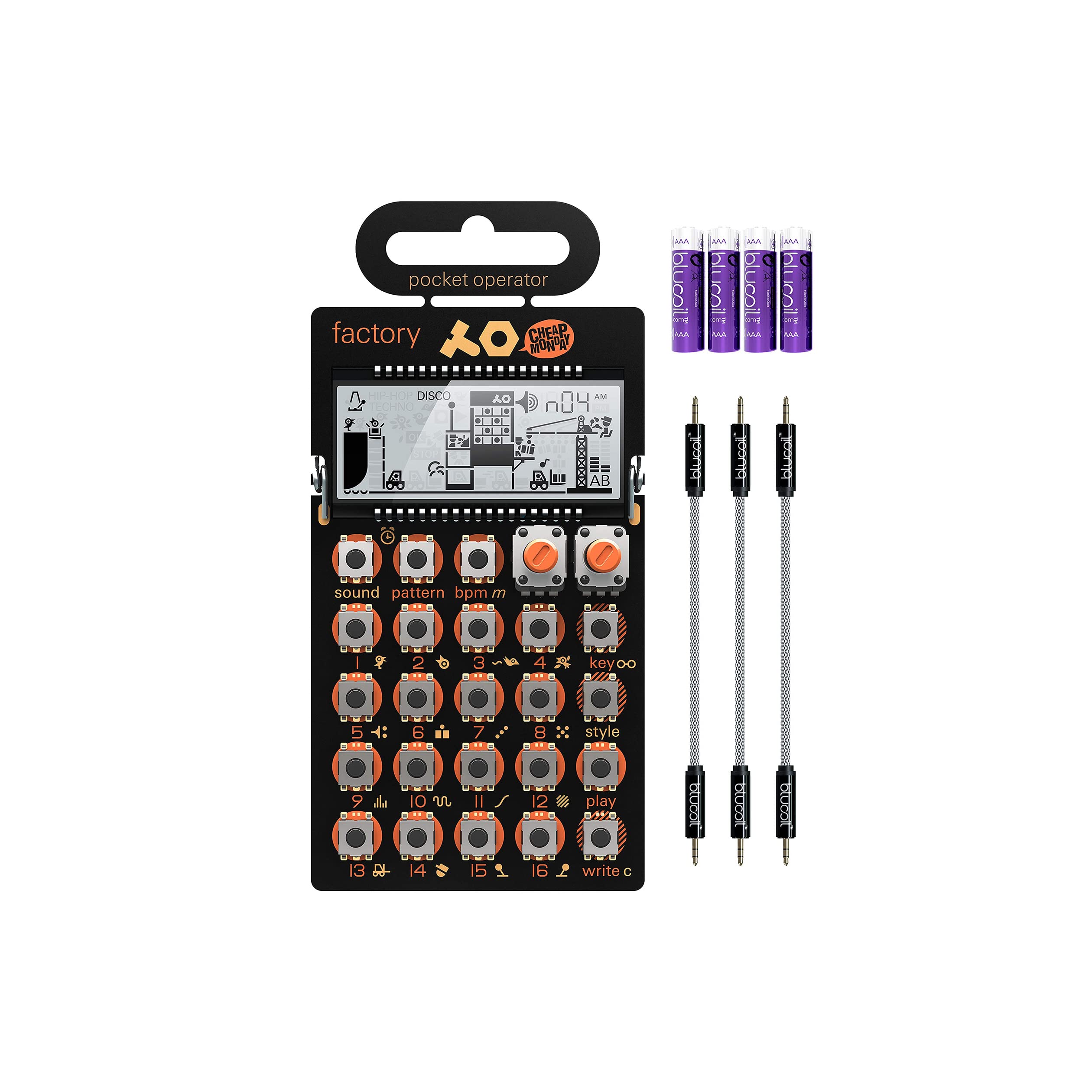 teen age engineering Pocket Operator PO-16 Factory Lead and Chord Synthesizer and Sequencer Bundle with Blucoil 3-Pack of 7" Audio AUX Cables, and 4 AAA Batteries