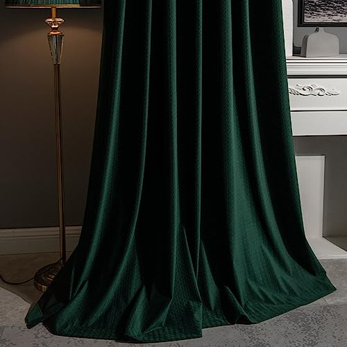 Embossed Velvet Curtain Panels Textured Room Darkning Window Treatments for Sliding Glass Door Extra Wide Custom Length Drapes, Custom Size, Dark Green