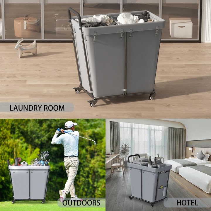 huyear Laundry Cart with Lockable Wheels 2 Section, 240L Large Capacity Commercial Laundry Sorter Rolling Laundry Cart with Sturdy Steel Frame and Removable Waterproof Bags, Laundry Hamper for Storage