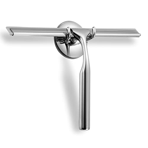Shower Squeegee for Glass Doors 10 Inches Stainless Steel Squeege for Window and Car, 4 Suctions Shower Mirror