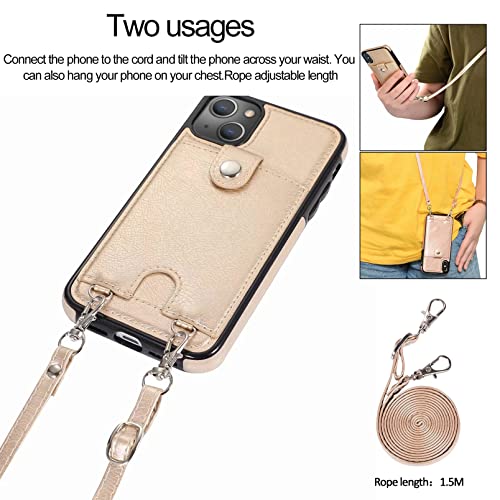 Jaorty Phone Case for iPhone 14 with Card Holder for Women Men,iPhone 14 Crossbody Cases with Strap Lanyard for Girl,PU Leather Anti-Lost Strap Case for iPhone 14 6.1",Gold