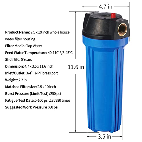 Geekpure 10-Inch Whole House Slim Water Filter Housing for 2.5" x 10" Filter - 3/4"NPT Brass Port - with Air Relief Valve-Blue
