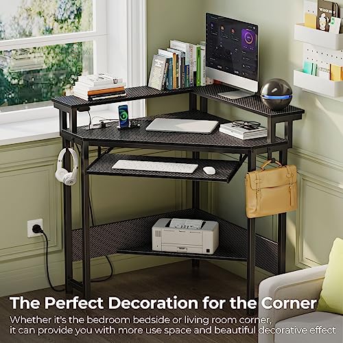 Rolanstar Corner Desk, 44.5" W x 34.5" H Small Carbon Fiber Computer Desk with Power Outlets, LED Lights and Keyboard Tray, Small Office Computer Desk with Monitor Stand for Small Space, Carbon Black