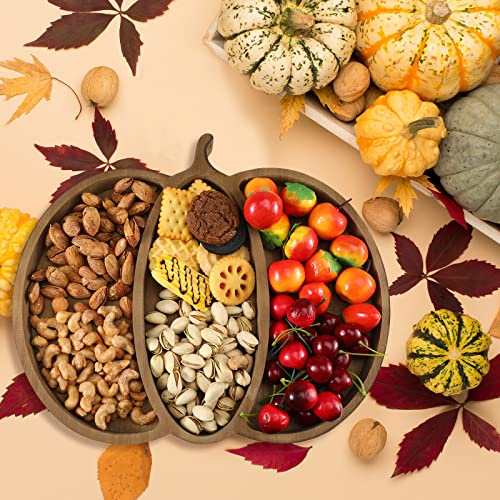 Spiareal Thanksgiving Wooden Serving Platter Maple Pumpkin Leaf Christmas Snack Fruit Meat Cheese Board Rustic Angle Shape Charcuterie Board Sectional Dish Plate for Thanksgiving Christmas(Pumpkin)