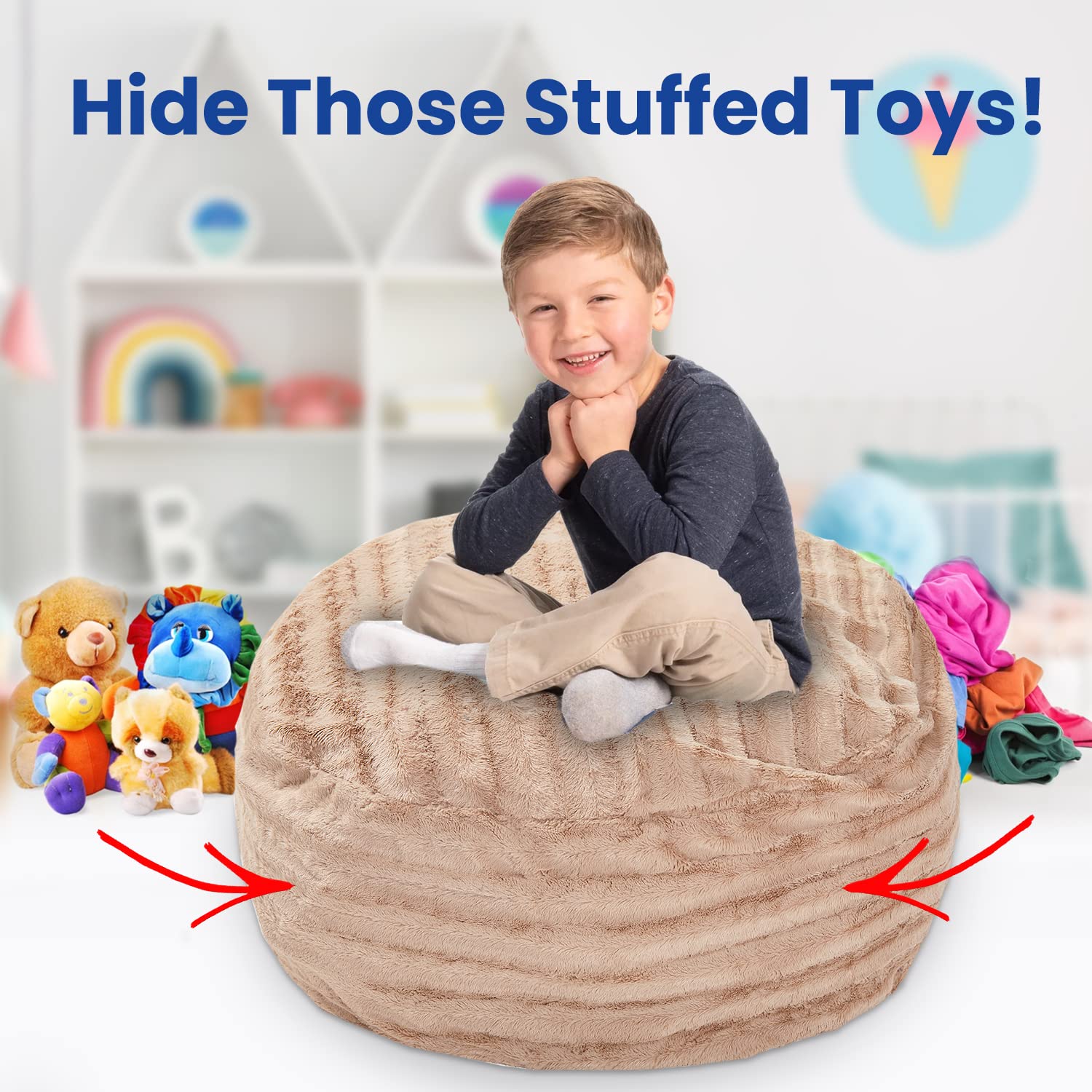 Cheer Collection Stuffed Animal Storage Bean Bag, Kids Toy Storage Organizer and Bean Bag Chair with Handle, Oversized Faux Fur Zippered Bag for Organizing Stuffed Animals, Machine Washable - Taupe