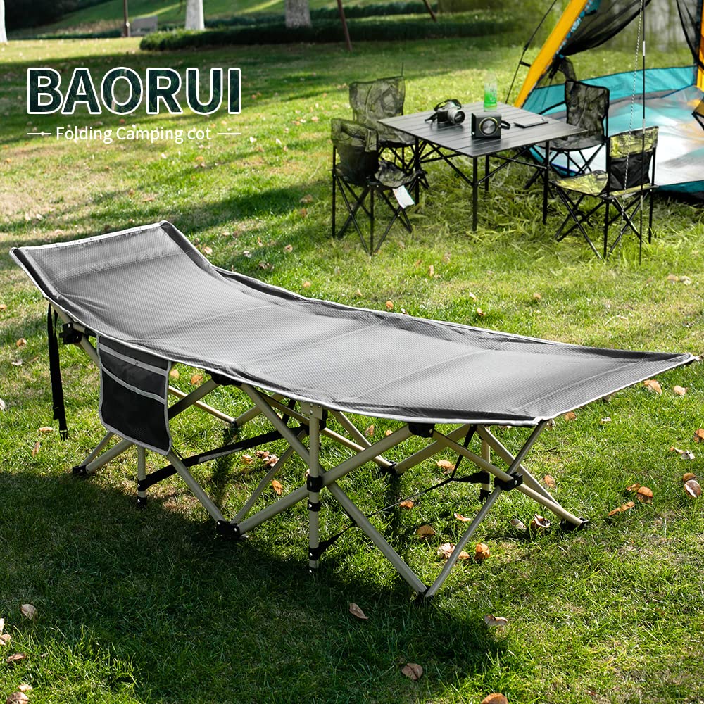 Camping Cot Max Load 450 LBS 1 Side Large Pockets Extra Wide Sturdy Portable Foldable Outdoor Bed for Adults Kids for Camping Beach BBQ Hiking Backpacking Office (Grey)