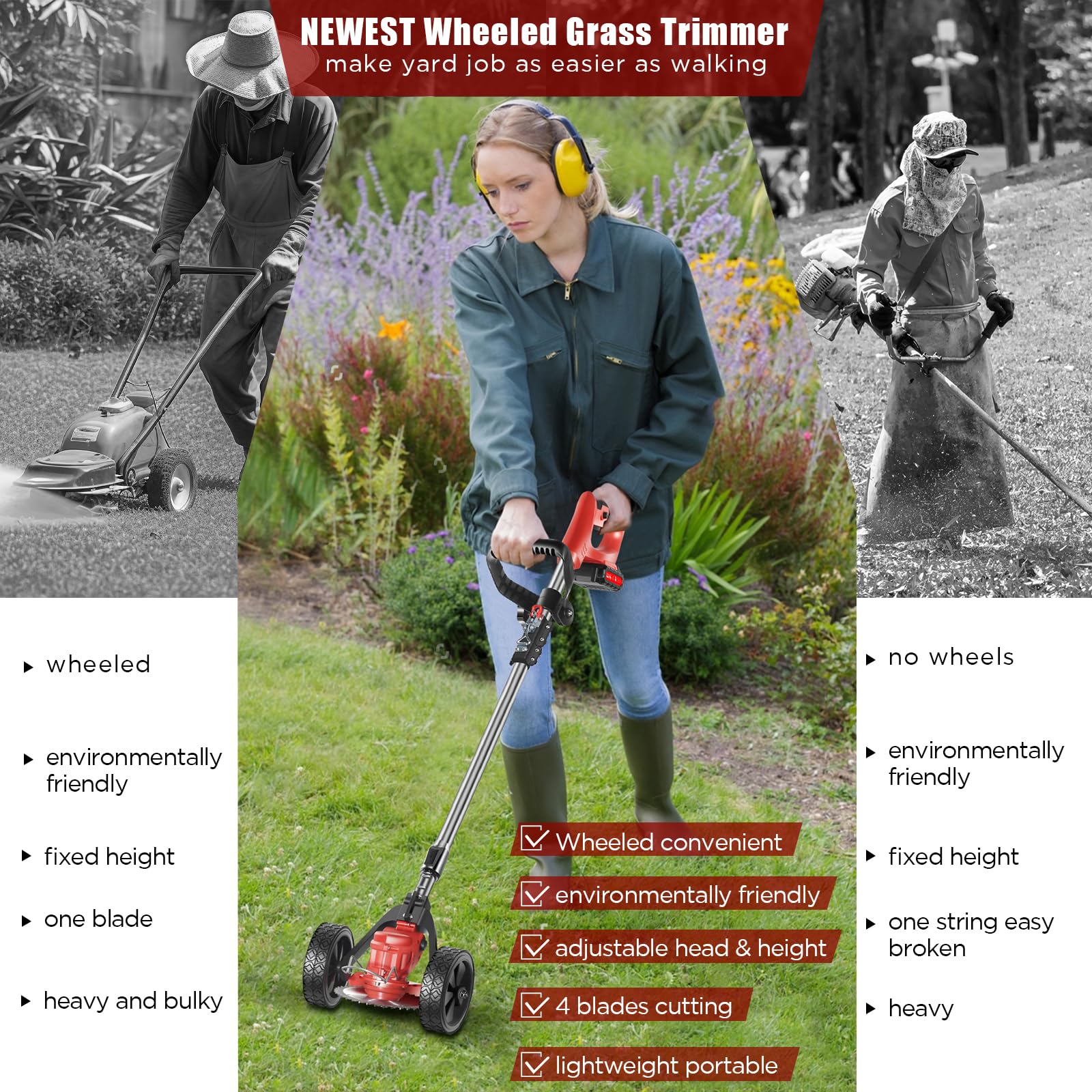 Cordless Weed Wacker, Electric Weed Eater Battery String Trimmers Edger Lawn Tool Bush Pruner 2.0Ah Battery Powered Grass Edger Foldable Stick Electric Mower w/Wheels