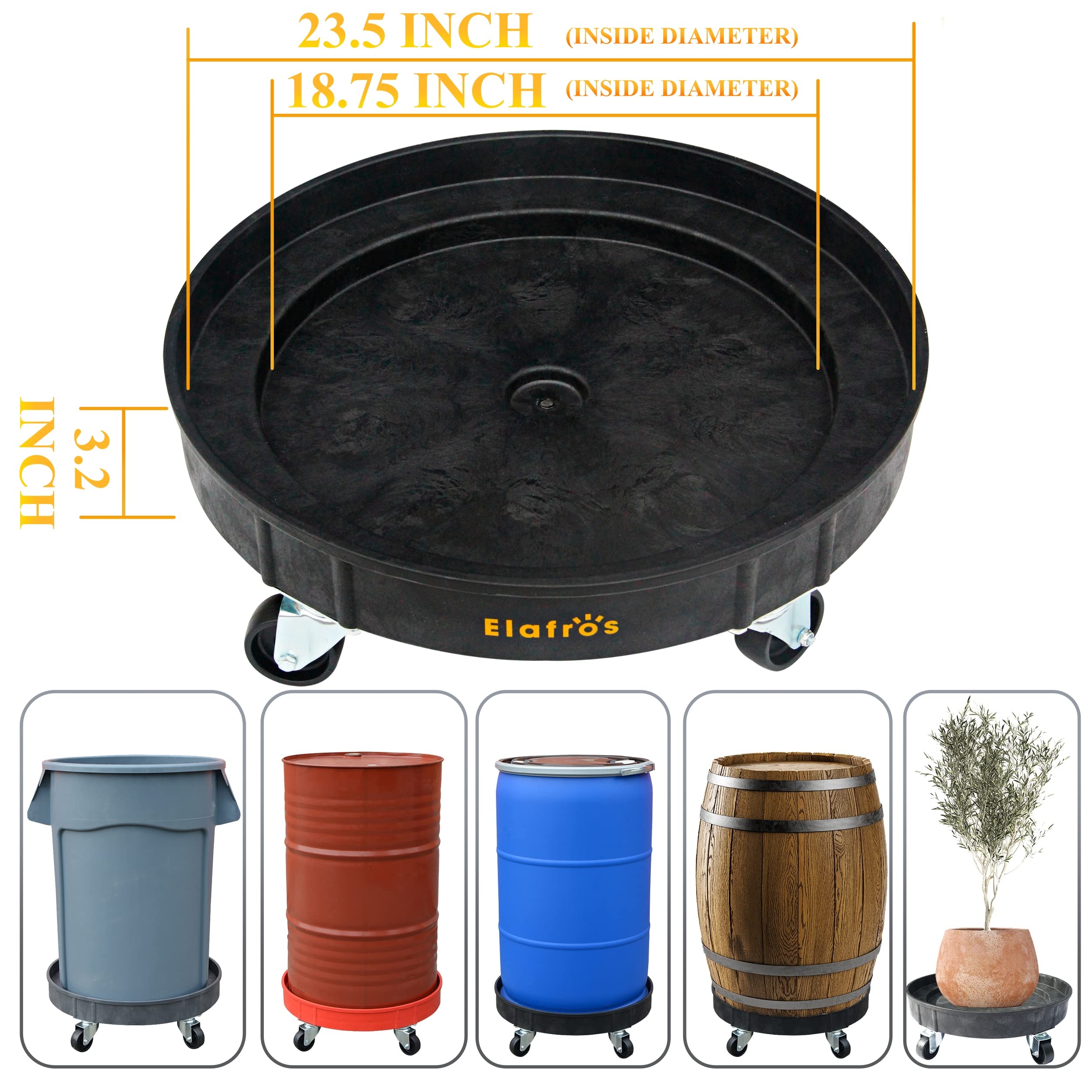 ELAFROS 30 Gallon and 55 Gallon Heavy Duty Plastic Drum Dolly β Durable Plastic Drum Cart 900 lb. Capacity- Barrel Dolly with 5 Swivel Casters Wheel,Black, 2 Packs