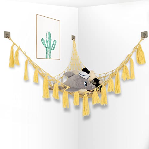 YELIENM Stuffed Animals Net or Hammock with LED Light, 59 inch Toy Hammock Net for Stuffed Animals Corner Hanging Stuffed Animal Storage Stuffed Animal Holder for Nursery Kids Bedroom (Yellow)…