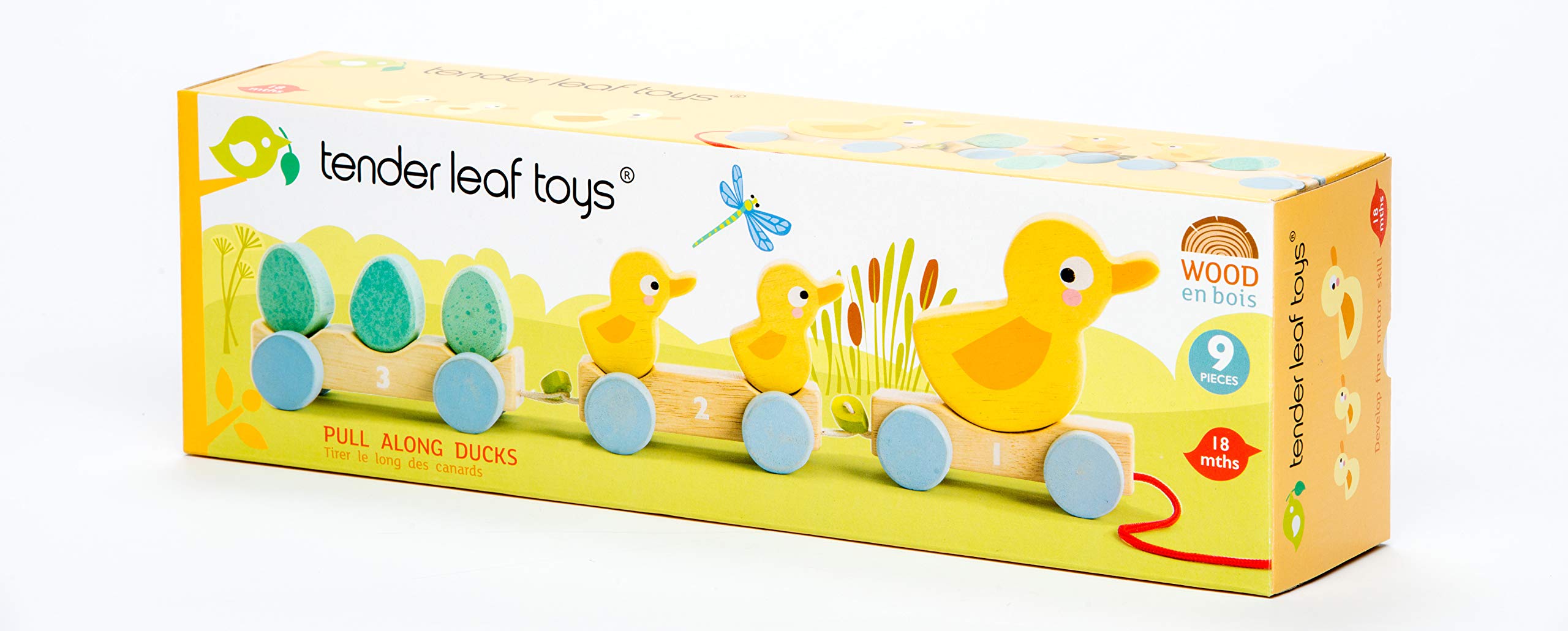 Tender Leaf Toys - Pull Along Ducks - Classic Wooden Pull Along Toy - 9pc Duck Family Set with 1 Mother Duck, 2 Baby Ducks, 3 Eggs and 3 Cars - Encourages Number Learning - 18Mths+