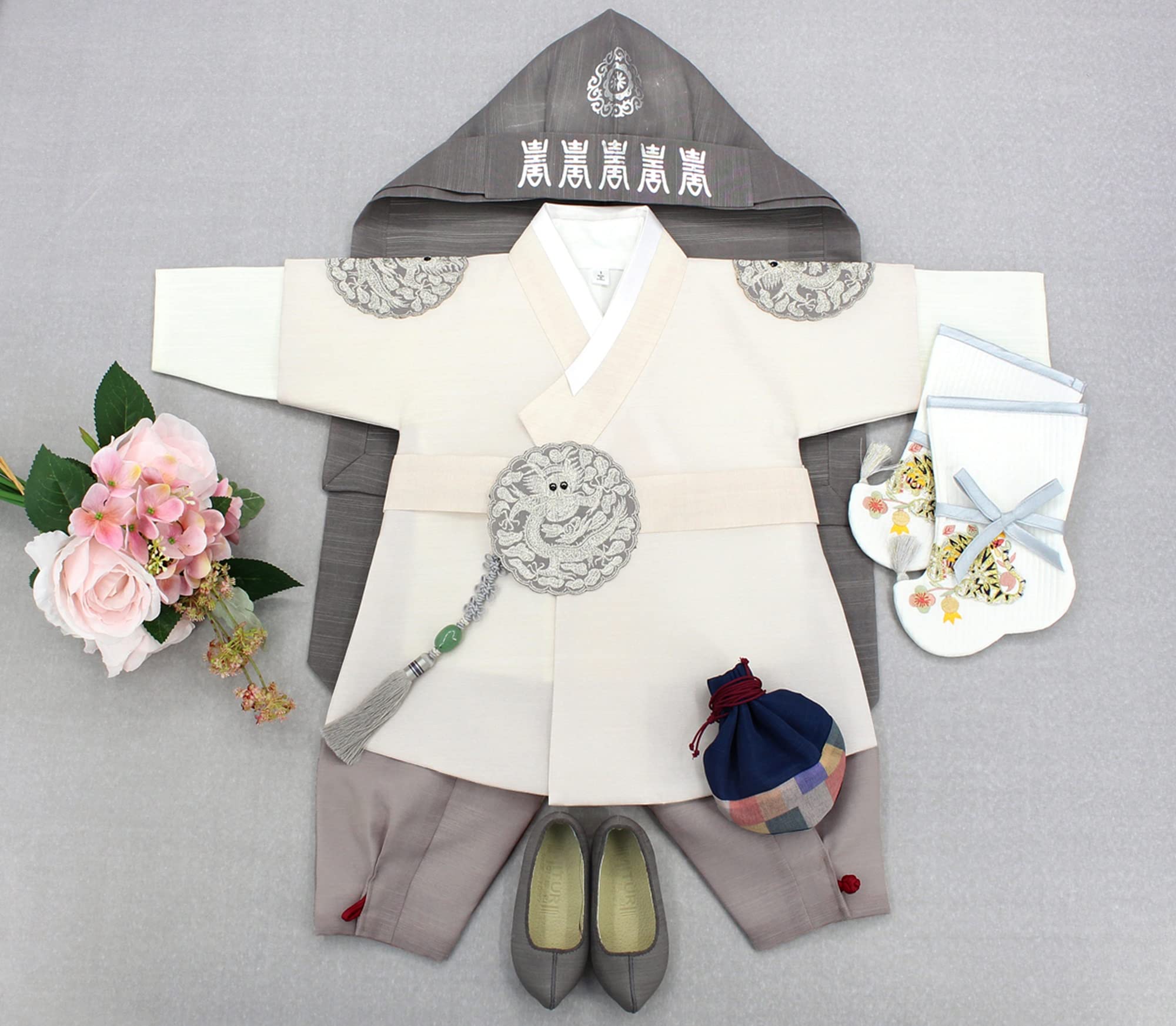 Korean Hanbok Boy Baby Traditional Kings Design Clothing Set Beige 100th days to 8 ages ddb003 (100th days hanbok)