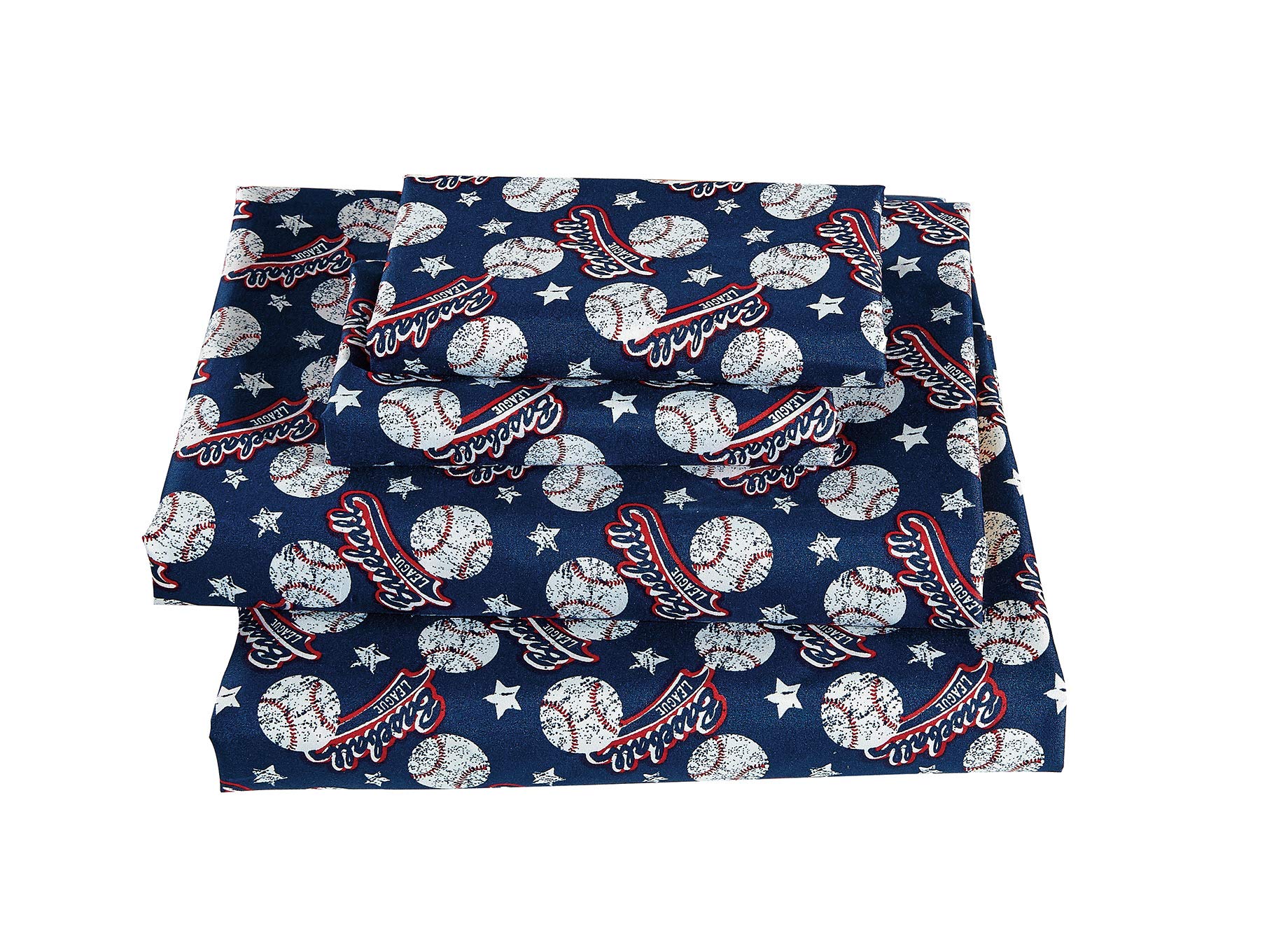 Linen Plus Sheet Set for Teen Boys Baseball Vintage Navy Blue Red White All Star League Flat Sheet Fitted Sheet and Pillow case Twin Size New