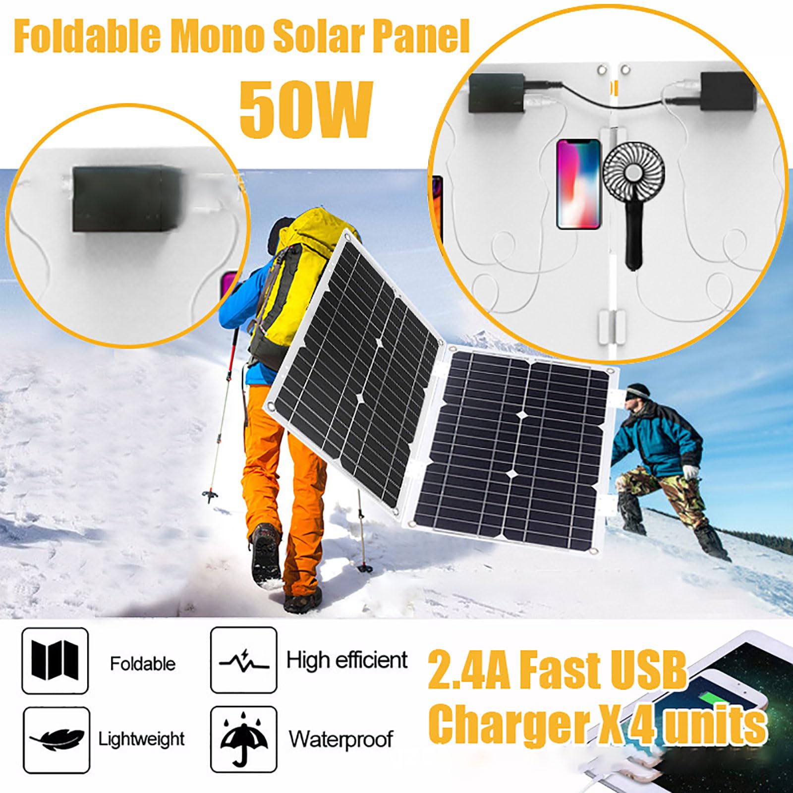 CANEVE Solar Kit, 50W18V Waterproof Folding Solar Panel, Built-in 50A Controller, 4 USB+LCD Dual Digital Smart Displays, Suitable for Homes, Rvs, Boats, and Outdoor Camping,300W220V