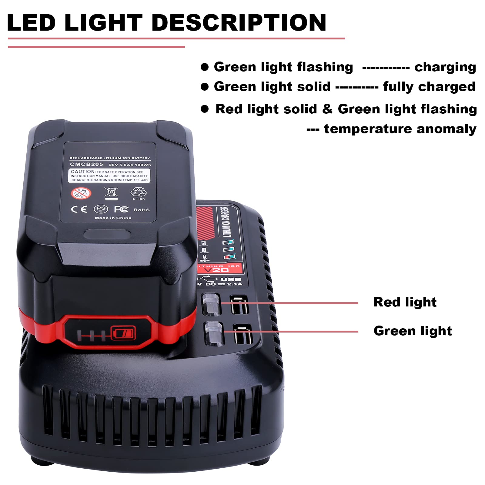 Kotoate 20V Battery Charger Replacement for Craftsman V20 Battery Charger CMCB104 Compatible with Craftsman V20 20-Volt Max Lithium Ion Battery CMCB202 CMCB204 CMCB201 CMCB205 CMCB102, with 2 USB Port
