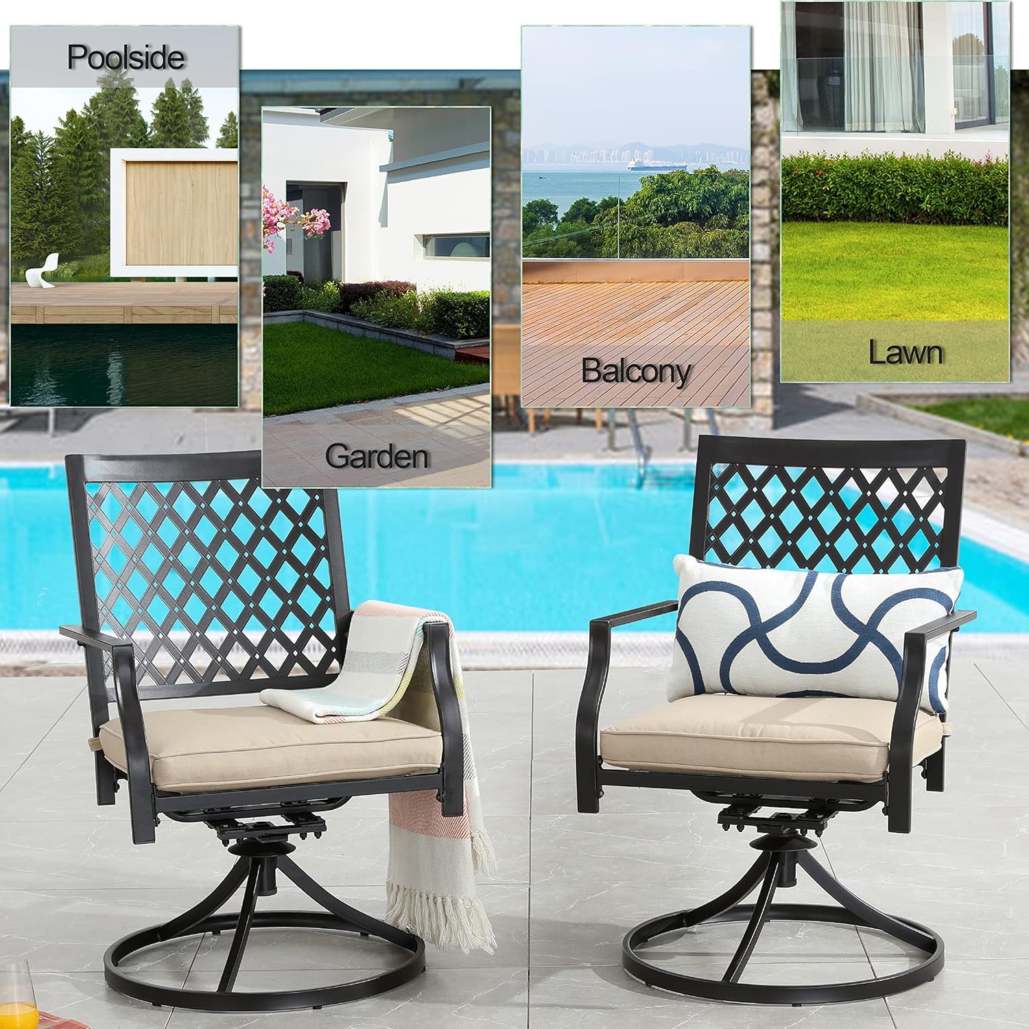 LOKATSE HOME Patio Swivel Set of 6 Dining Chair Metal Bistro Set with Cushion, 6Pcs, Beige
