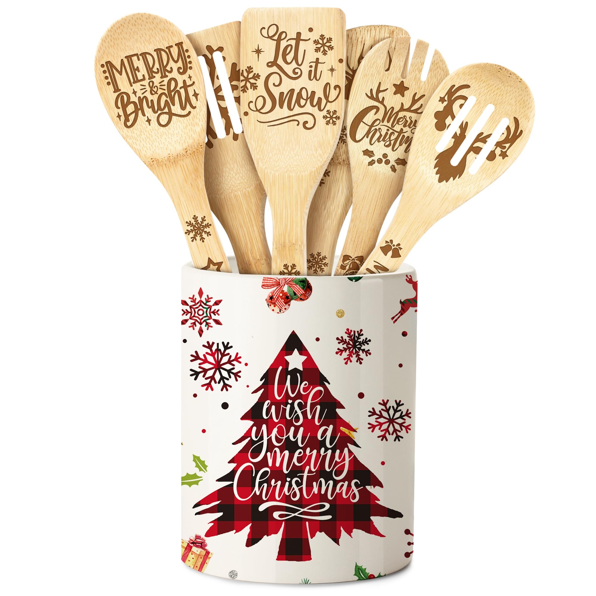 Christmas Decorations, Christmas Utensil Holder for Kitchen Counter, Christmas Tree Indoor Kitchen Decor for Countertop, Kitchen Utensil Organizer with Bamboo Utensils Set(5.12" x 5.12" x 6.3")
