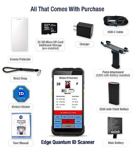 IDetect Quantum Edge Age Verification ID Scanner for Bars and Clubs - Passport, ID and Drivers License Reader - Includes Pistol Grip, Extended Use Battery, & Accessories - Stops Unwanted IDs (V3)