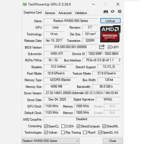 SAPLOS Radeon RX 550 Graphics Card, 4GB, GDDR5, 128-Bit, DisplayPort DVI-D HDMI, ITX Design, PC Video Card Gaming, 4K Output, Computer GPU, DirectX 12