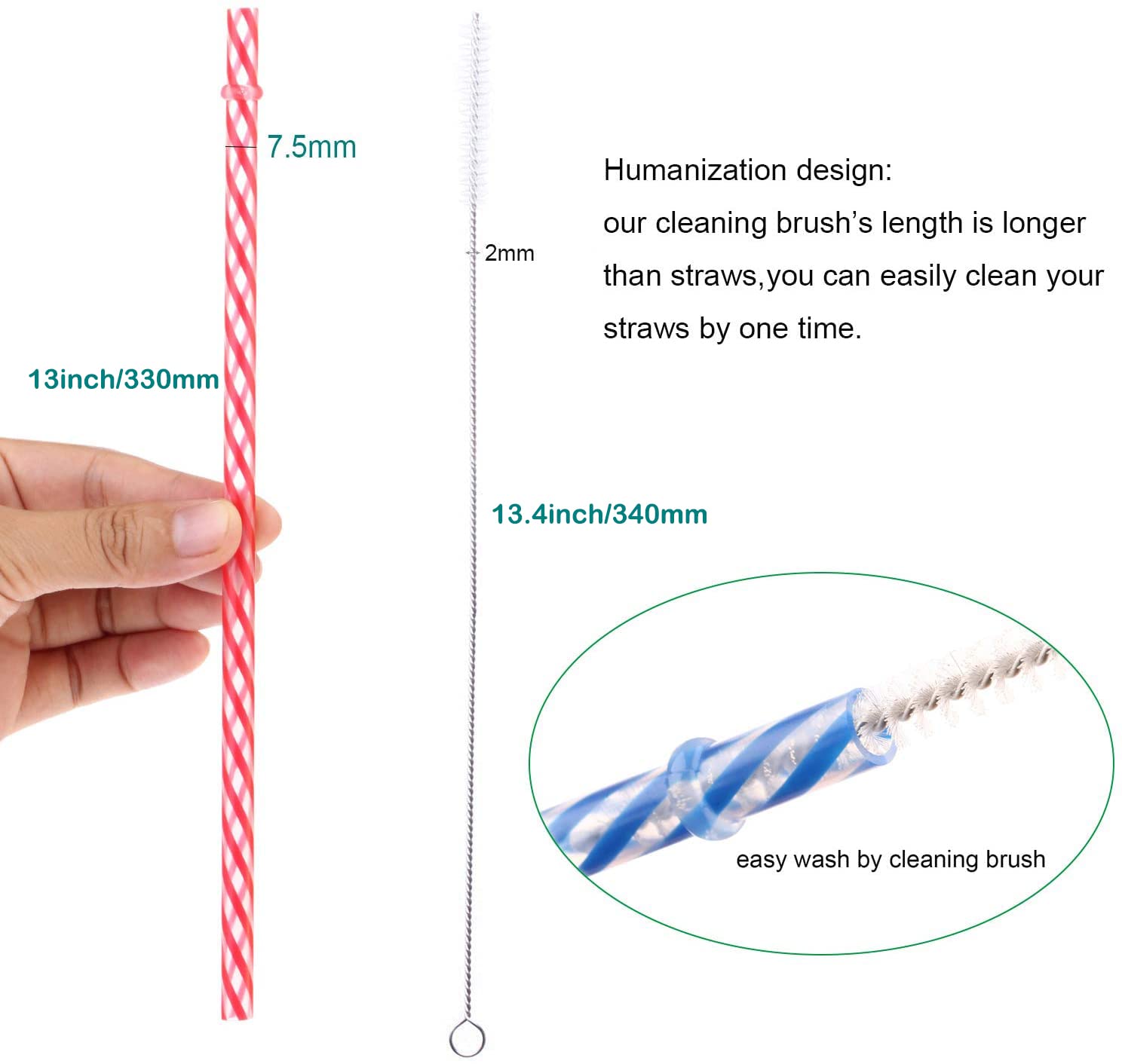 Dakoufish 12 Piece 13 Inch Reusable Plastic Thick Drinking Straws BPA Free Mason Jar Straws Transparent Small Stripe (13inch, Mix 12color)