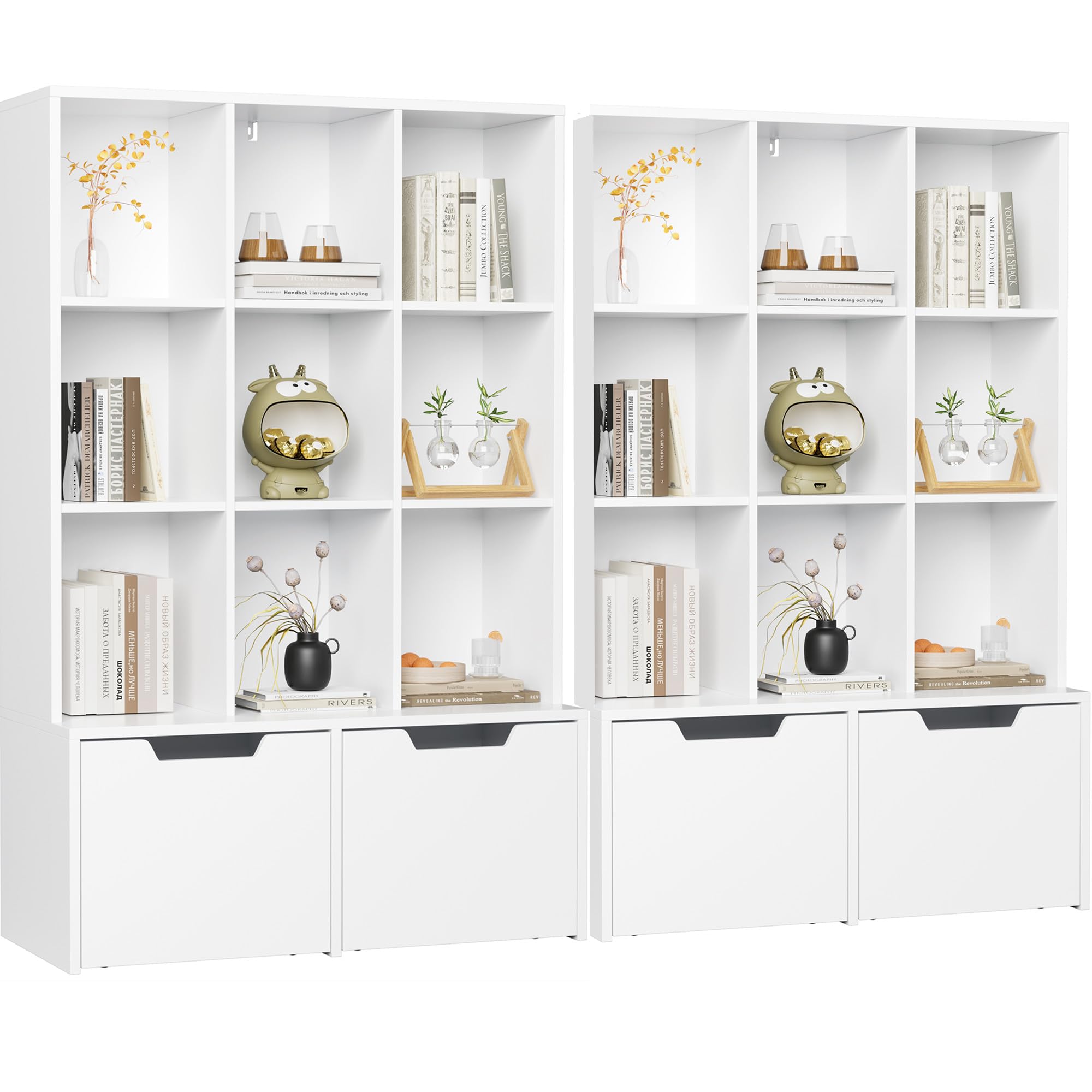 HIFIT 2 Pack Bookcase with 2 Large Drawers and 9 Cube Shelves, 55β Tall Bookshelf Storage Organizer, Wood Storage Cabinet Freestanding for Living Room, Home Office, Kitchen Dining Room, Library, White