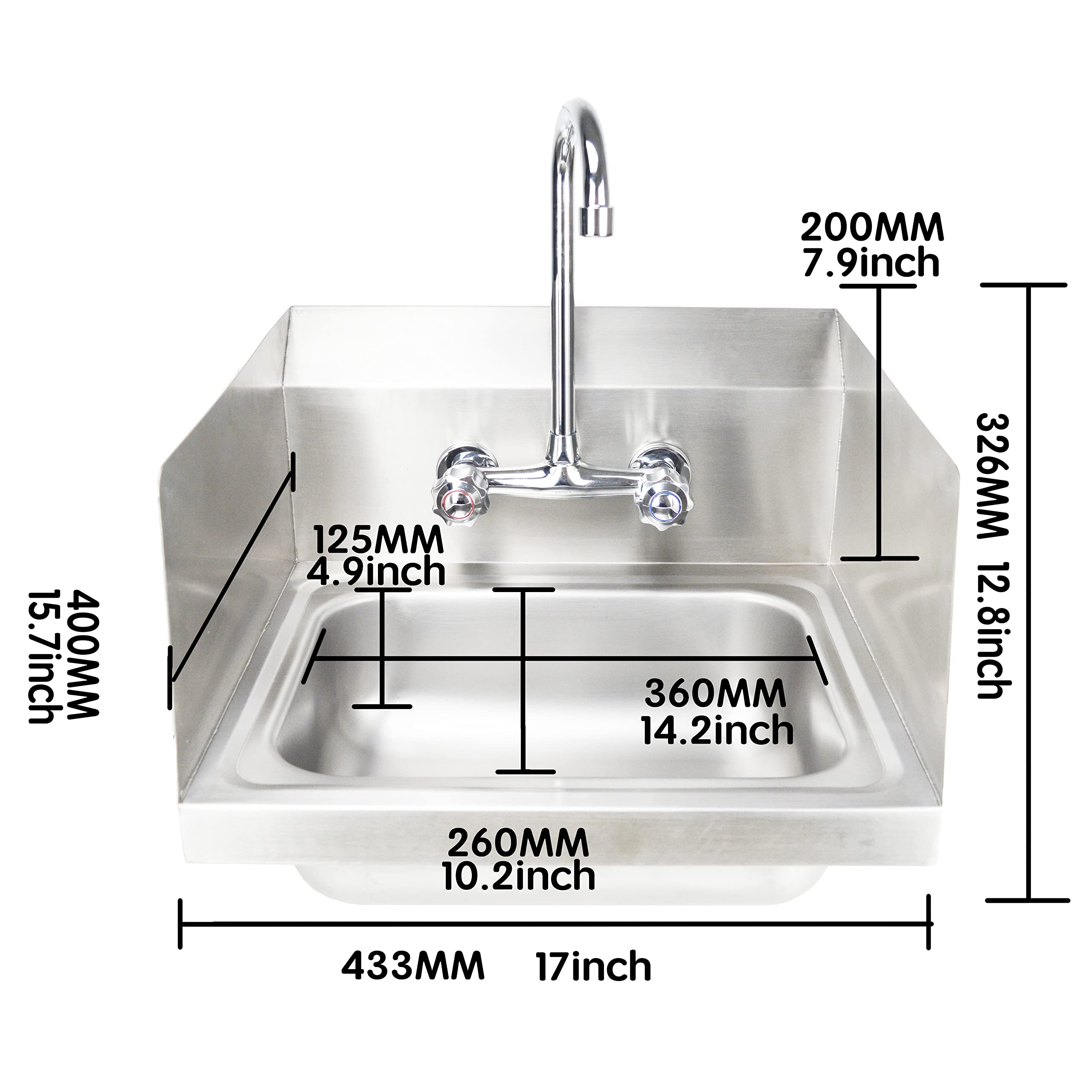 ERUPTA 304# Stainless steel with splash-proof baffle basin Commercial Wall Mount Hand Sink 17'' x 15'' for Public places, restaurants, schools, kitchens and homes