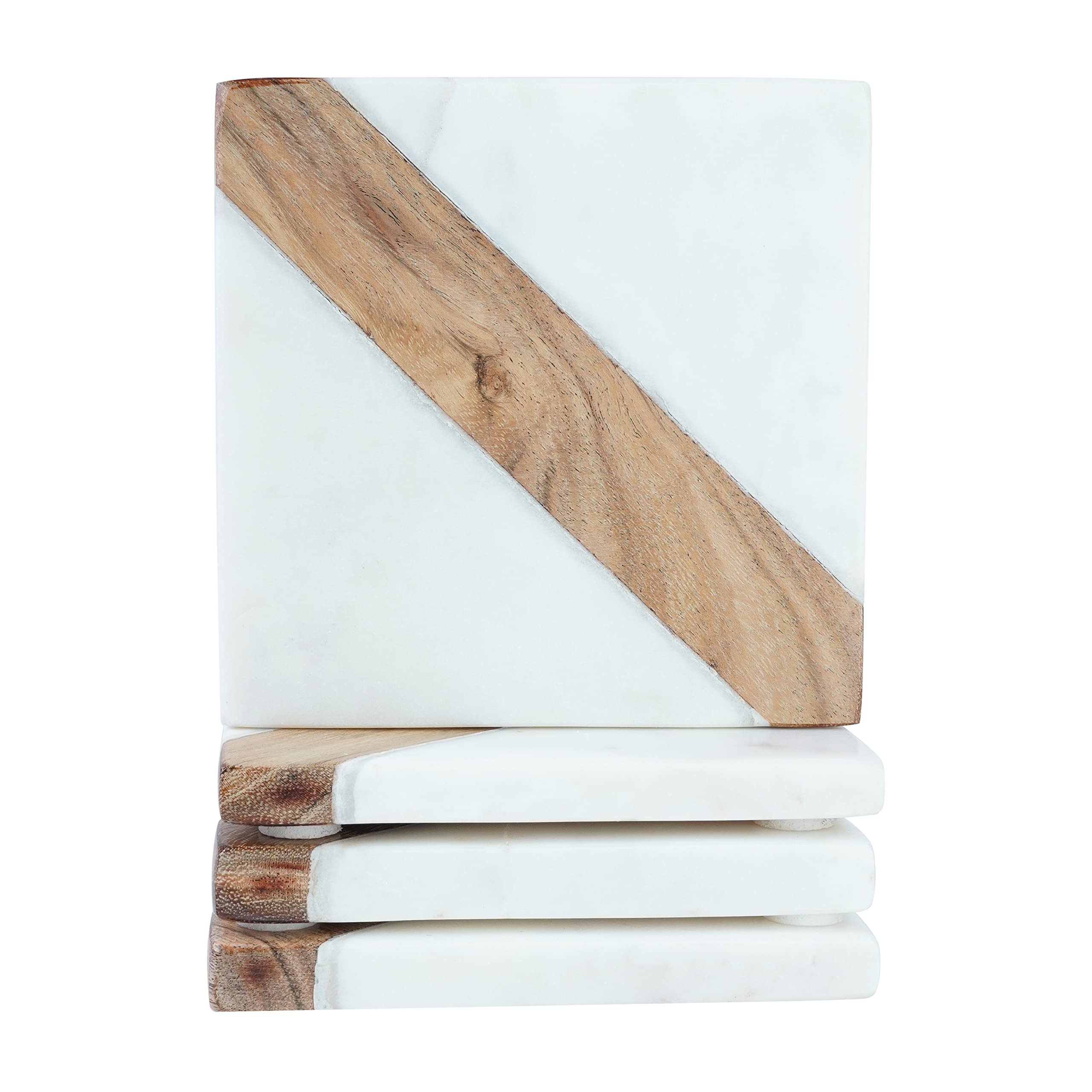 Crocon Marble & Wooden Coaster Set Square Shape Coaster for Dining Table Kitchen Decor Alabaster Marble and Wood Coaster Set Suitable for All Kinds of Mugs and Cups Size - 4x4X2 Inch