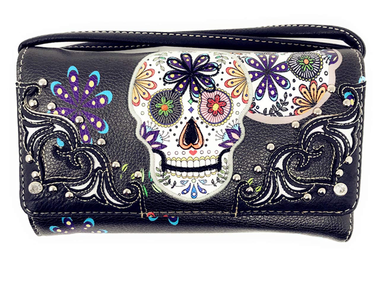 Texas West Western Rhinestone Flora Sugar Skull Crossbody Small Pouch Wallet in 3 colors (Purple)